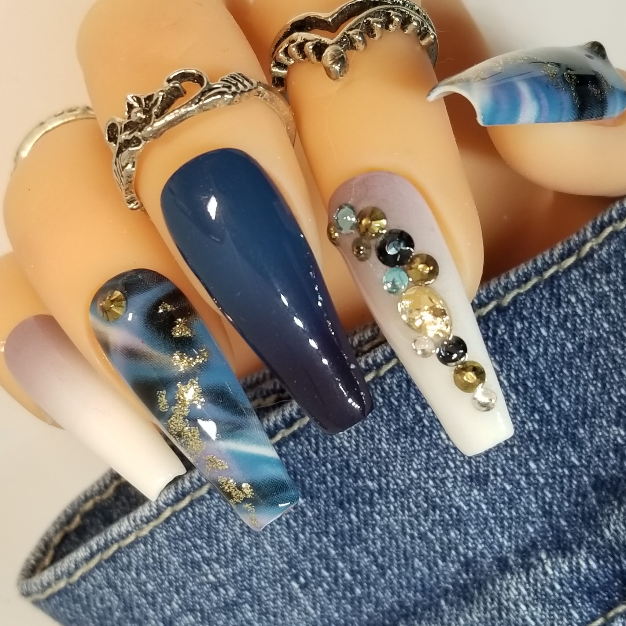 Deep Blue Lavender Ombre Jeweled Nails - Jingle Nail